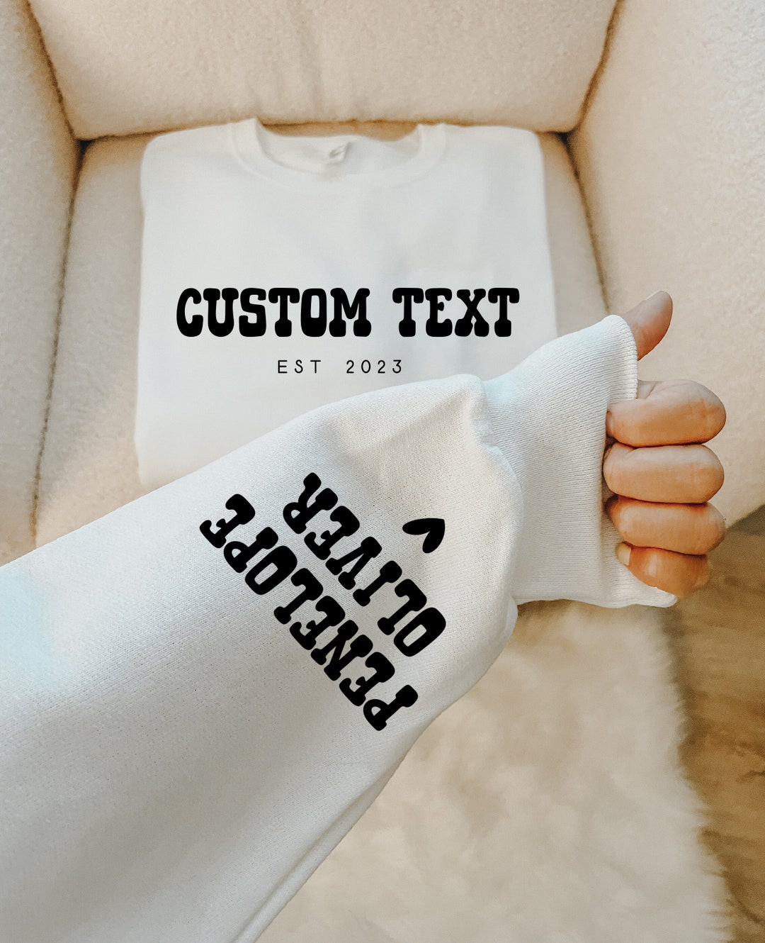 Custom Text Sweatshirt With Date and Custom Text on Sleeve, Custom Text ...