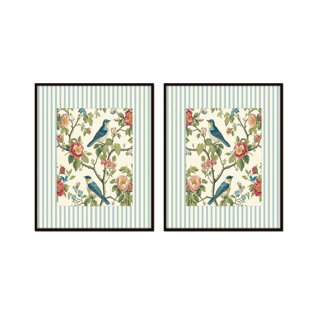 Blue Striped Birds and Botanicals No. 3, Vintage Bird Prints, Vintage ...