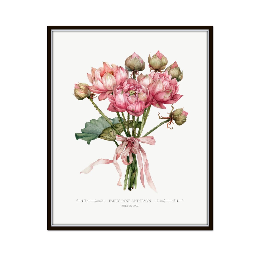 Custom Birth Flower Bouquet July, Waterlily Flower Print, Personalized ...