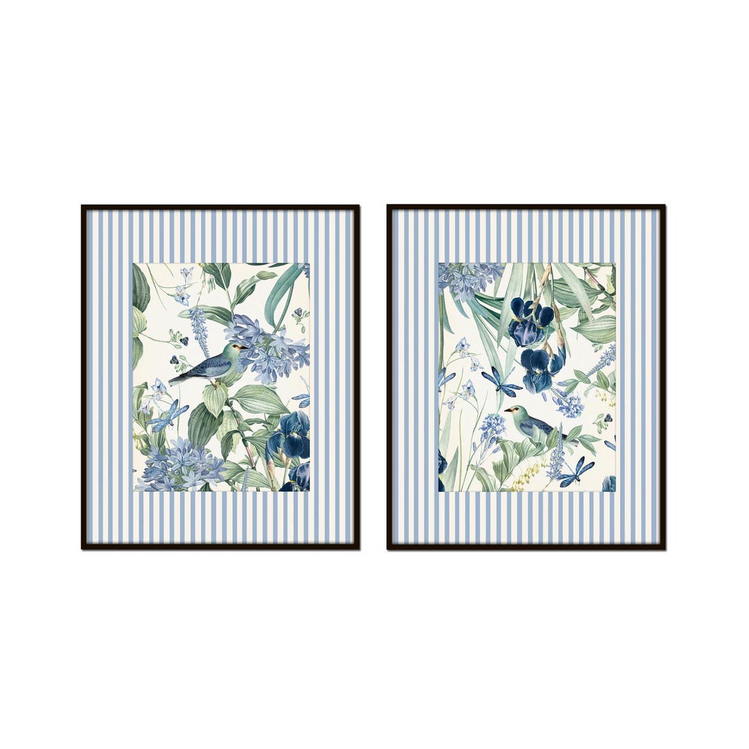 Blue Striped Bird and Botanical Prints No. 1, Vintage Botanical Prints ...