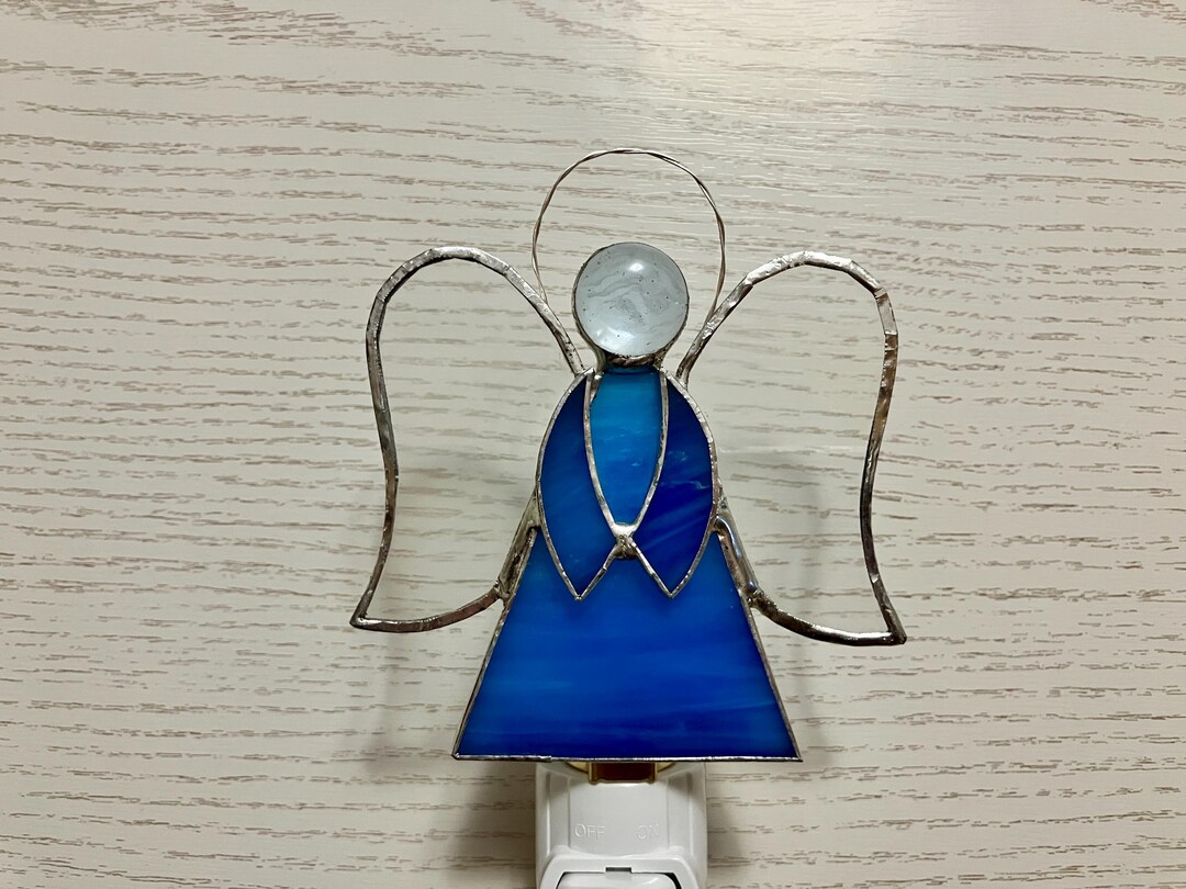 Guardian Angel Night Light, Blue Stained Glass, Plug In, Nursery ...