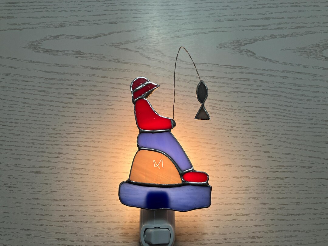 Night Light, Boy Fishing, Red Stained Glass, Wall Plug In, Bedroom ...