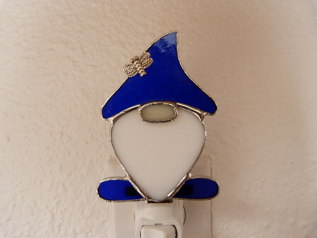 Gnome Night Light, Stained Glass Troll, Blue Hat, Wall Plug In, Bedroom ...