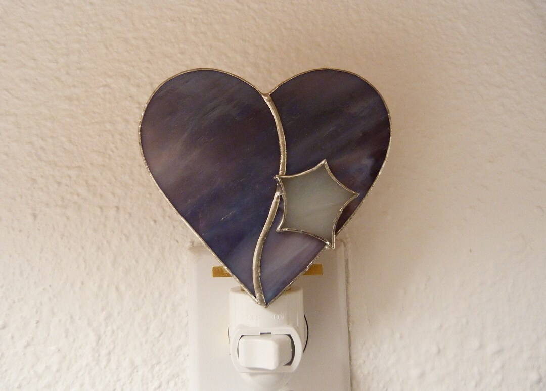 Night Light, Stained Glass Heart and Star, Wall Plug In, Valentines Day ...