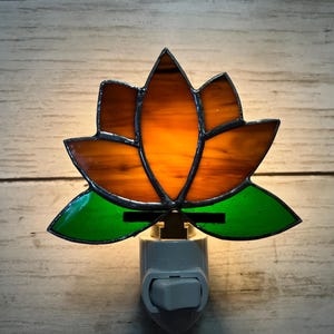 Stained Glass Lotus Night Light, Brown Flower, Wall Plug In, Bedroom ...