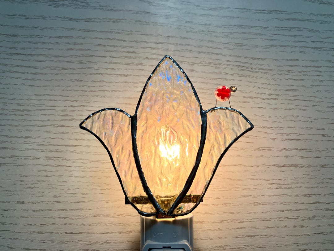 Flower With Red Bug Night Light, Clear Stained Glass, Wall Plug In ...