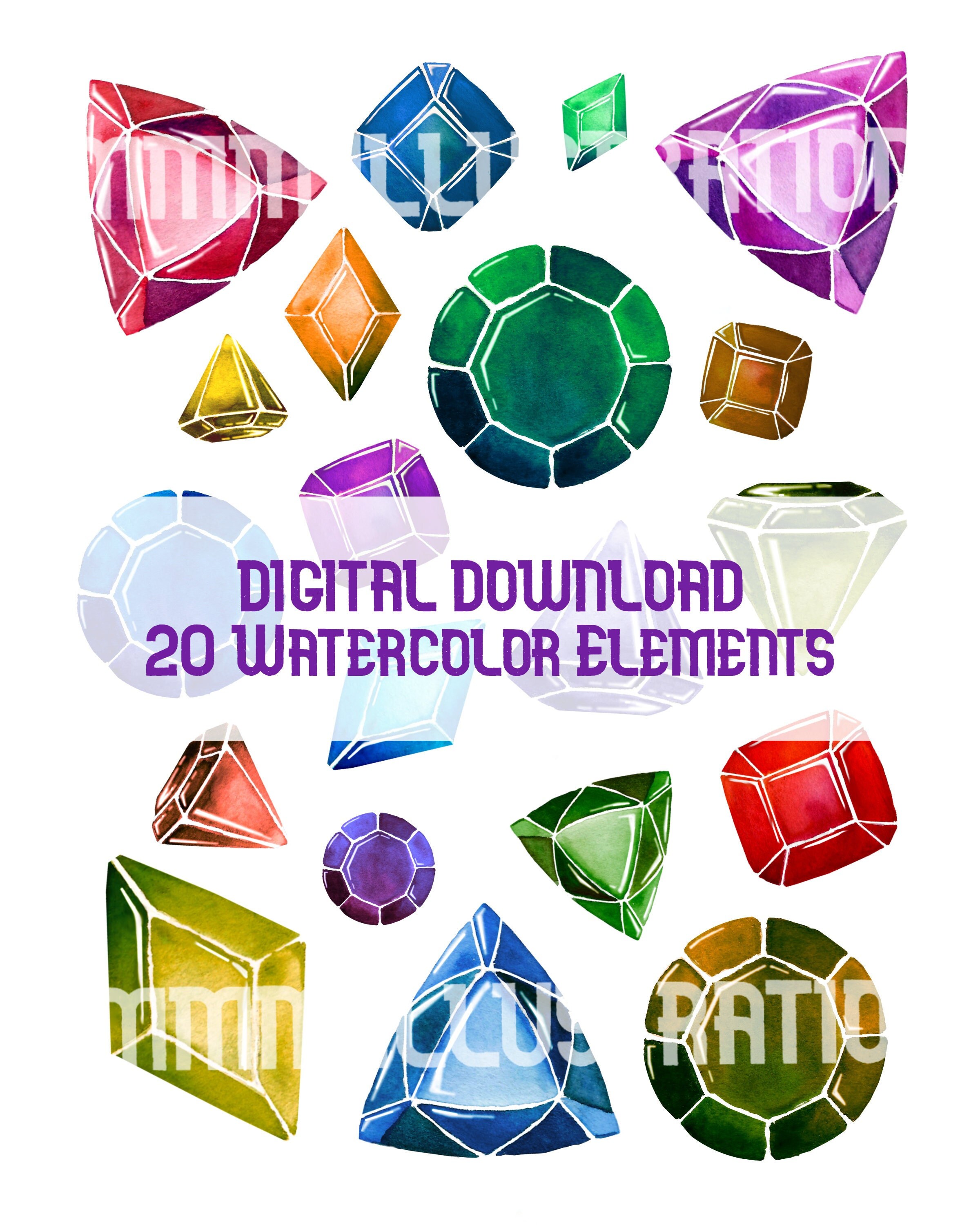 Rainbow Gems Digital Download, Watercolor Gemstones, Watercolor Jewels ...