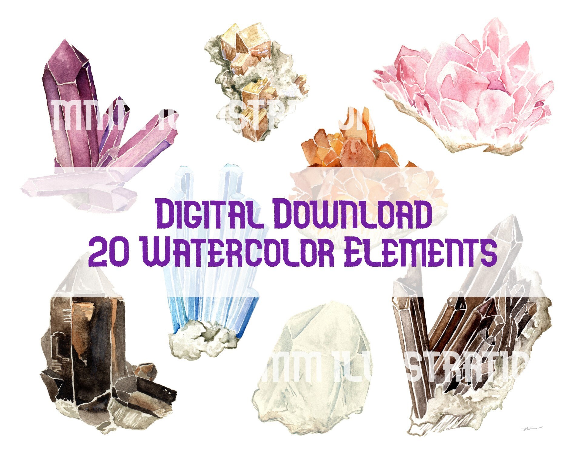 Watercolor Crystals Digital Download, Crystal Art Elements, Rocks and ...