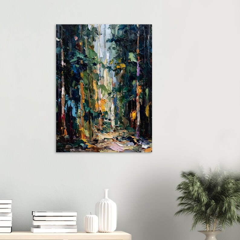 Forest Art Print, Faux Impasto Abstract Style, Moody Cabin Wall Art ...