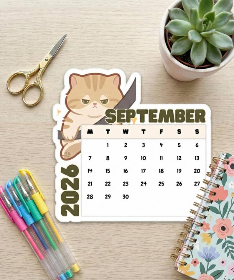 Funny Mini Desk Calendar 2026 Printable Kawaii Kitten Monthly Planner ...