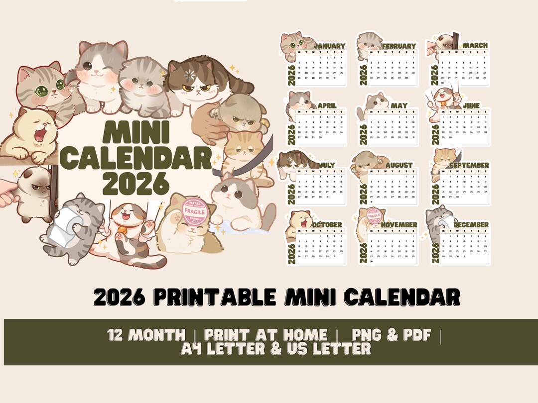 Funny Mini Desk Calendar 2026 Printable Kawaii Kitten Monthly Planner ...