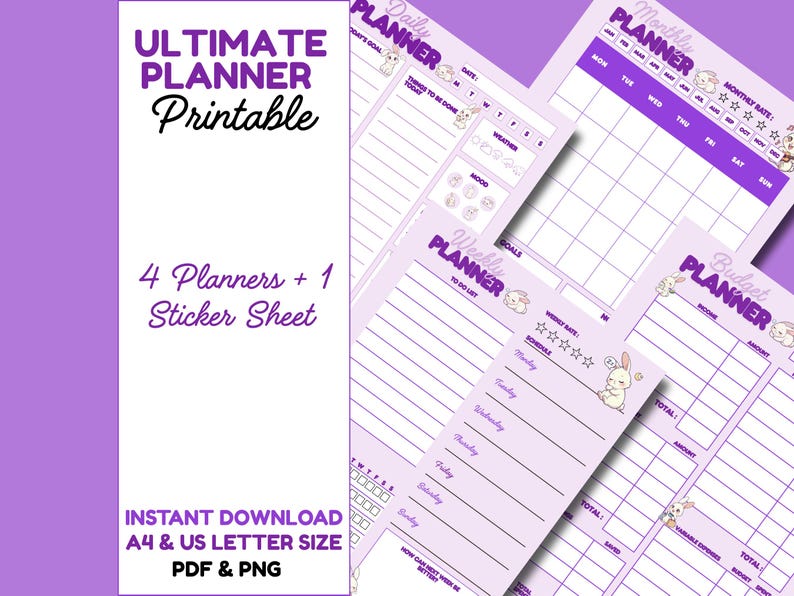2026 Purple Productivity Planner Bundle, Kawaii Bunny Aesthetic, ADHD Dopamine Undated Tracker ...