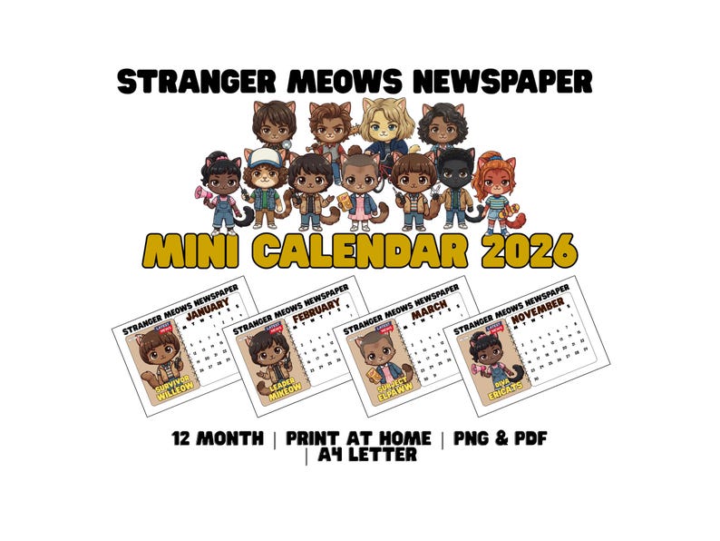 Stranger Meow 2026 Mini Calendar | Funny Cats Detective Clipart ...
