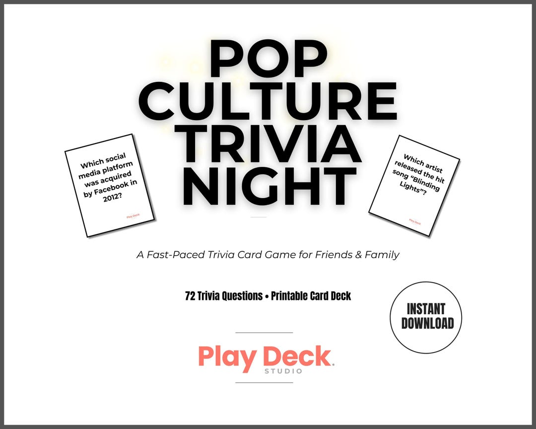 Pop Culture Trivia Night, 72 Questions, Printable Card Game for Friends ...