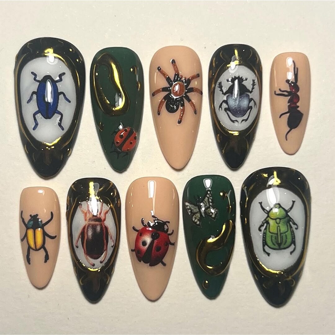 Handmade Insect Garden Press on Nails | Beetle & Ladybug Design | Gold ...