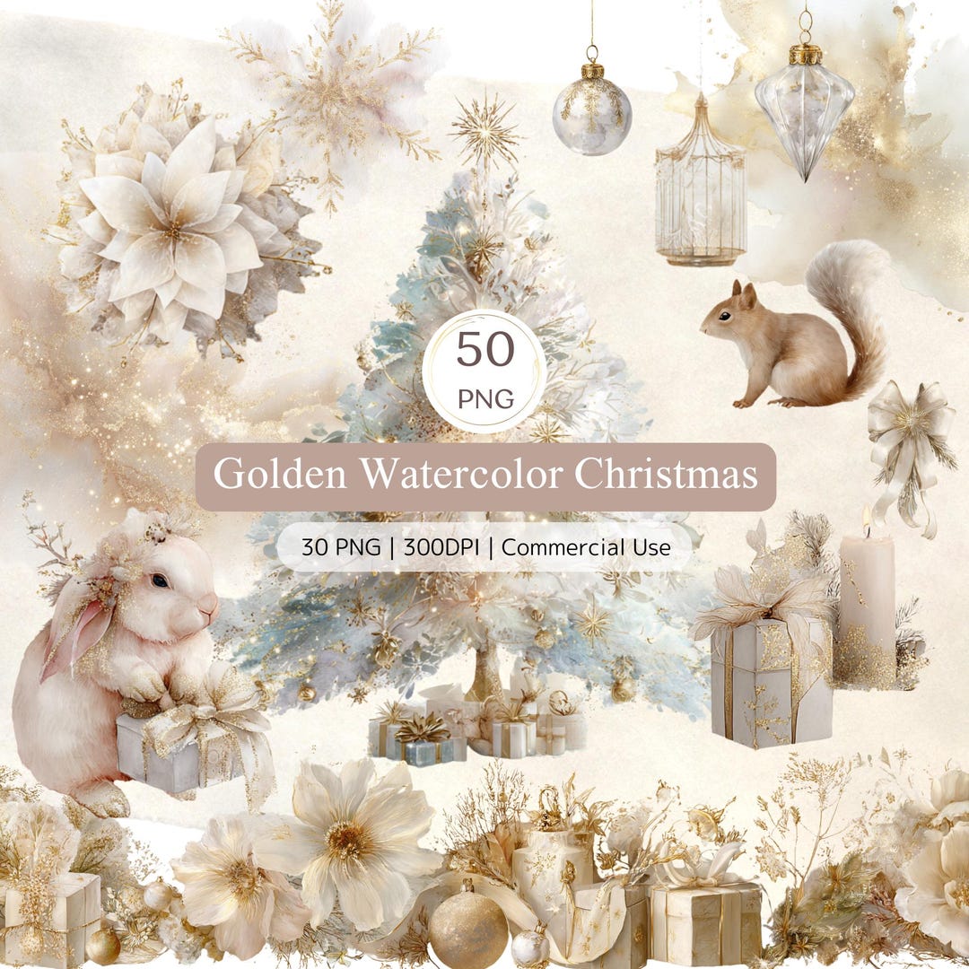 Golden Watercolor Christmas Clipart | Soft Elegant Holiday PNG Set ...