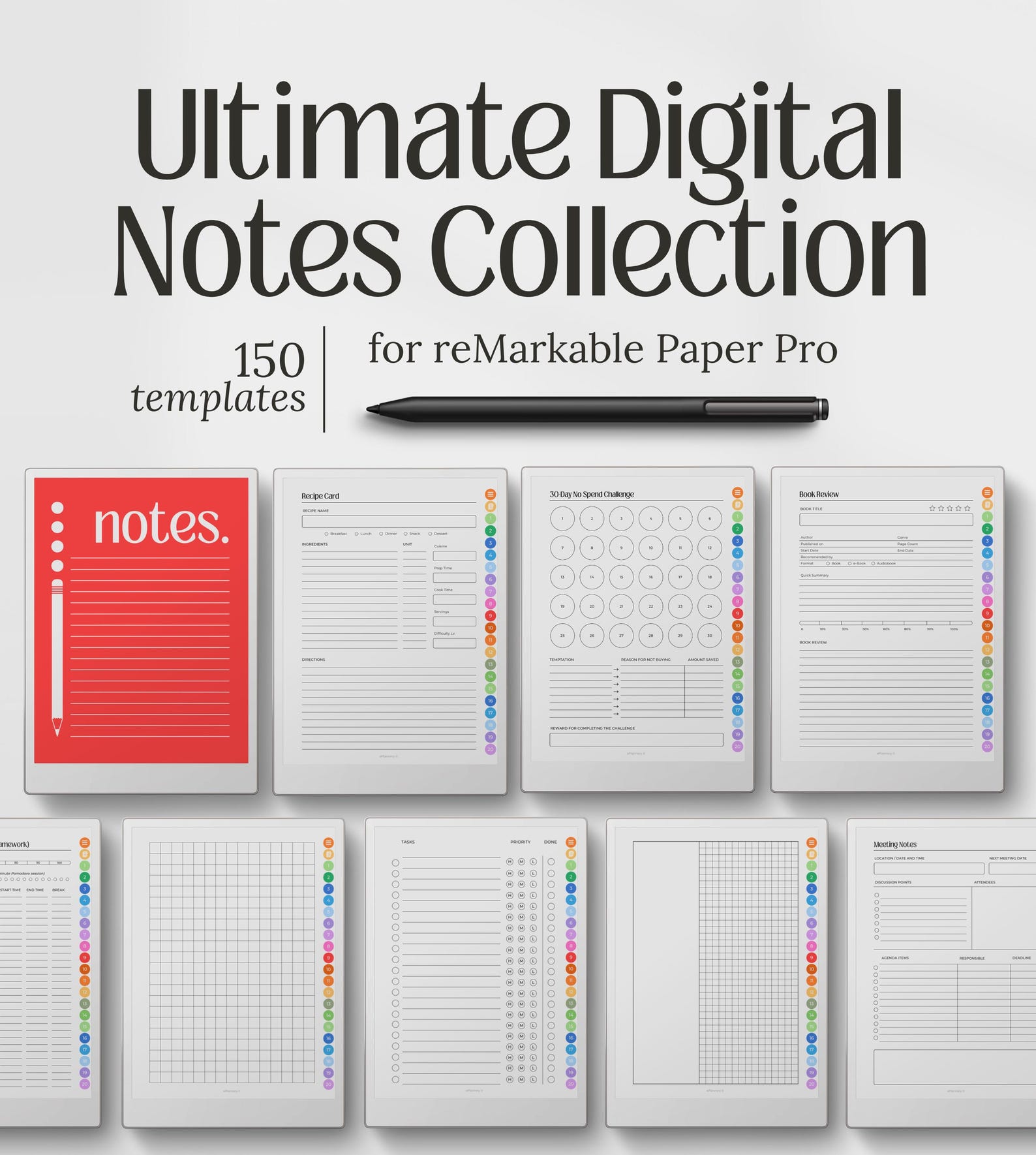 Templates for Remarkable Paper Pro, 150 Digital Notebook Pages for Note ...