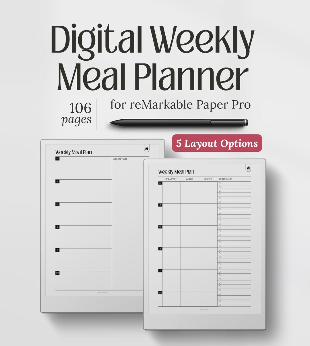 Planner for Remarkable Paper Pro, Digital Weekly Meal Planner, 5 Layout ...