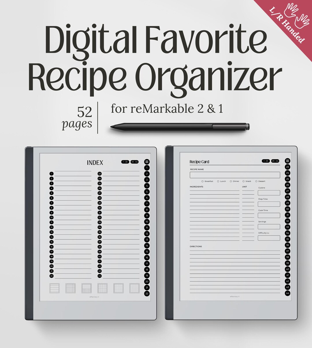 Remarkable 2 Templates, Digital Recipe Organizer, 44 Recipe Cards ...