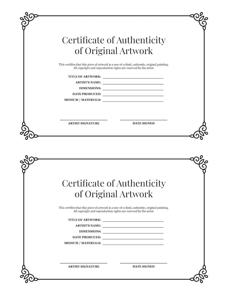 Printable Certificate of Authenticity for Artists / Painters - Digital ...