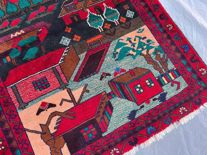 Afghan Pictorial Rug 3x4.6 Ft Hand Knotted Wool Rug, Village Scene ...
