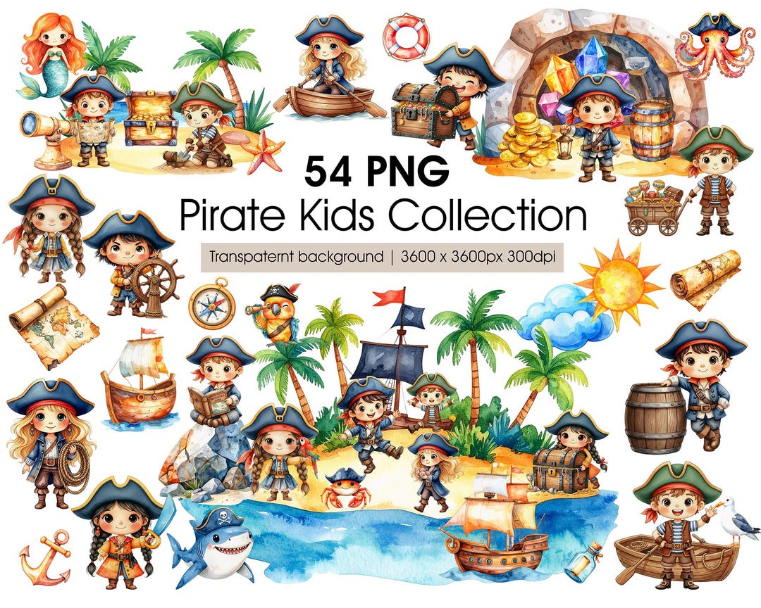 Pirate Kids Clipart Bundle - Watercolor Pirate Poses and Scenery - Etsy