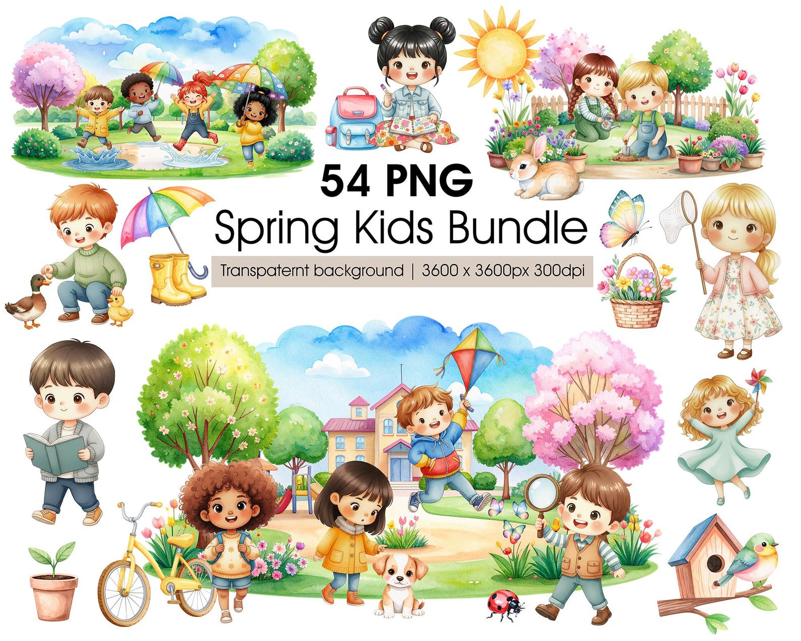 Spring Kids Clipart Bundle - Watercolor Kindergarten Children Spring ...