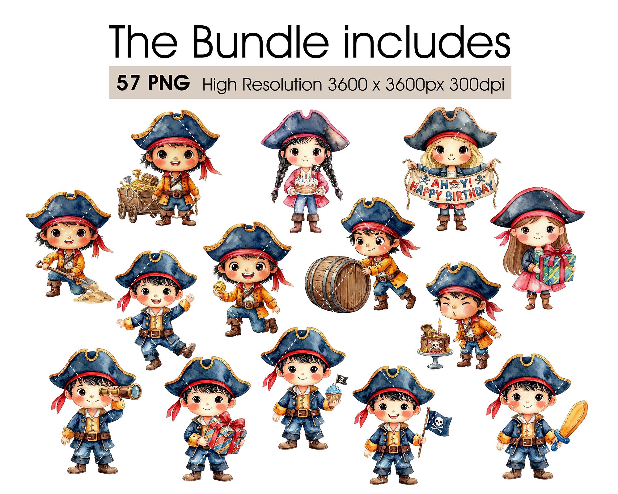 Pirate Boy Birthday Clipart PNG - Pirate Kids in Poses, Watercolor ...