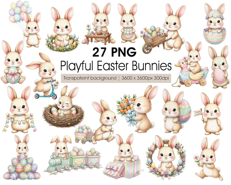 Easter Bunny Clipart Set - Watercolor Bunnies in Different Poses ...