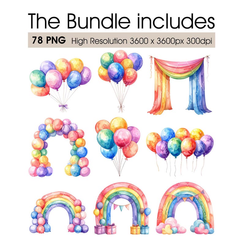 Rainbow Birthday Clipart Watercolor PNG, Pastel Party Graphics, Cake ...