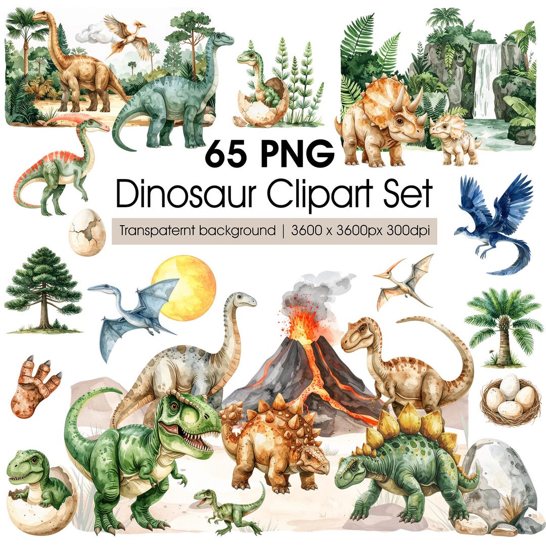Watercolor Dinosaur Clipart Set – Realistic Jurassic Dinosaurs ...