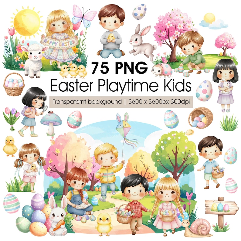 Watercolor Easter Egg Hunt Kids Clipart, Spring Bunny Basket Graphics ...