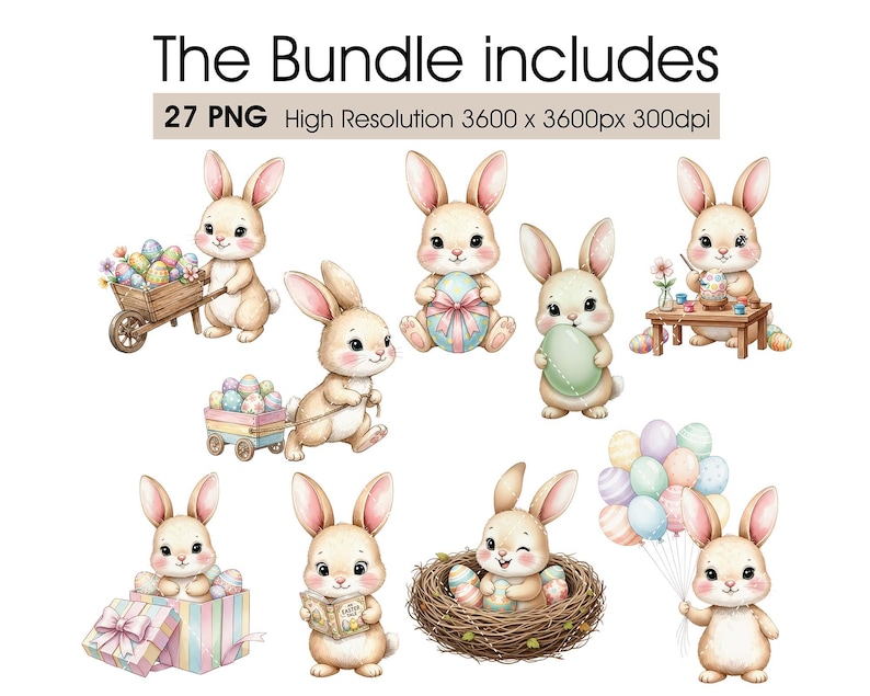 Easter Bunny Clipart Set - Watercolor Bunnies in Different Poses ...