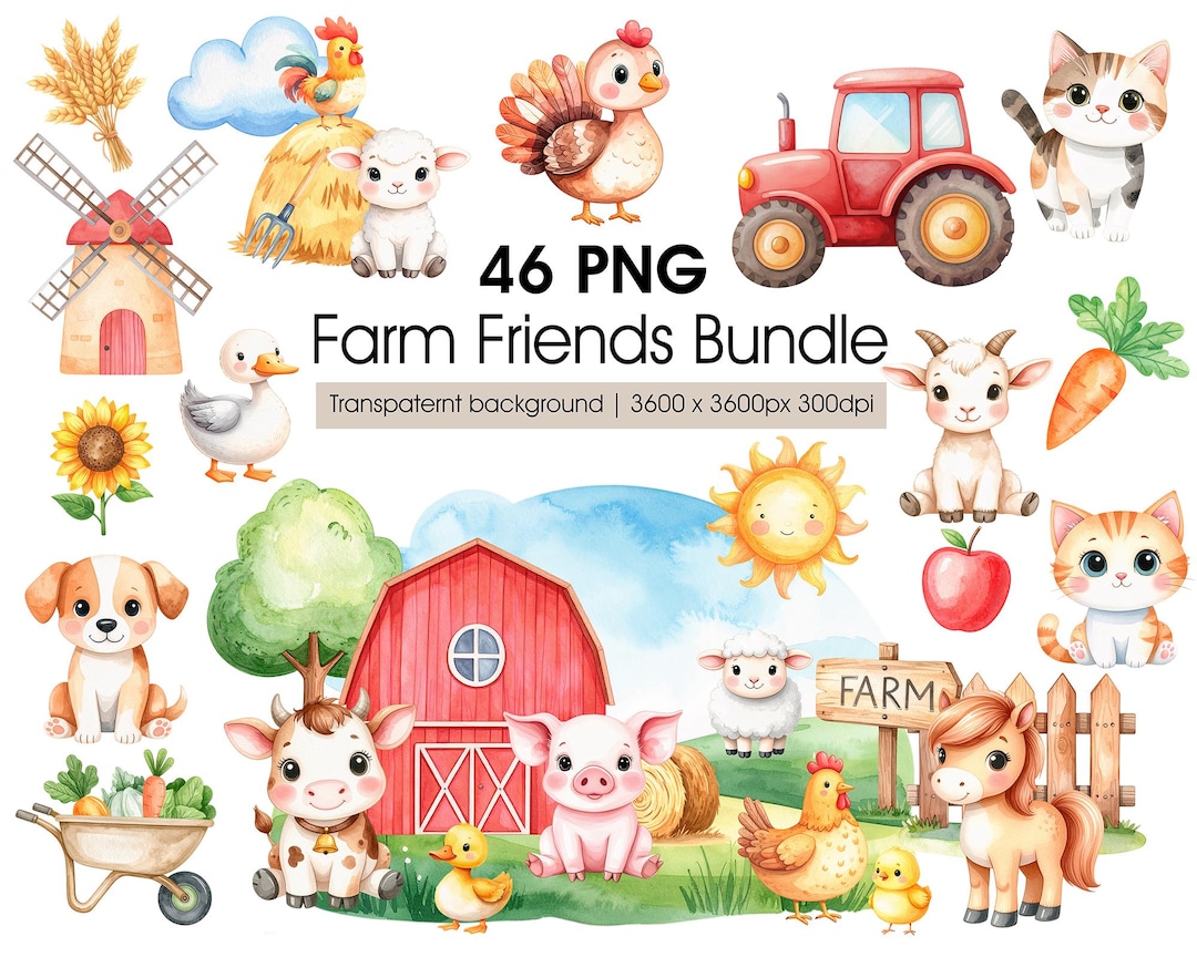 Farm Friends Clipart Set - Farm Animals, Barn, Tractor . Kids Farm ...