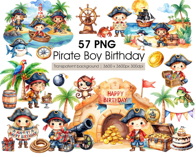Pirate Boy Birthday Clipart PNG - Pirate Kids in Poses, Watercolor ...