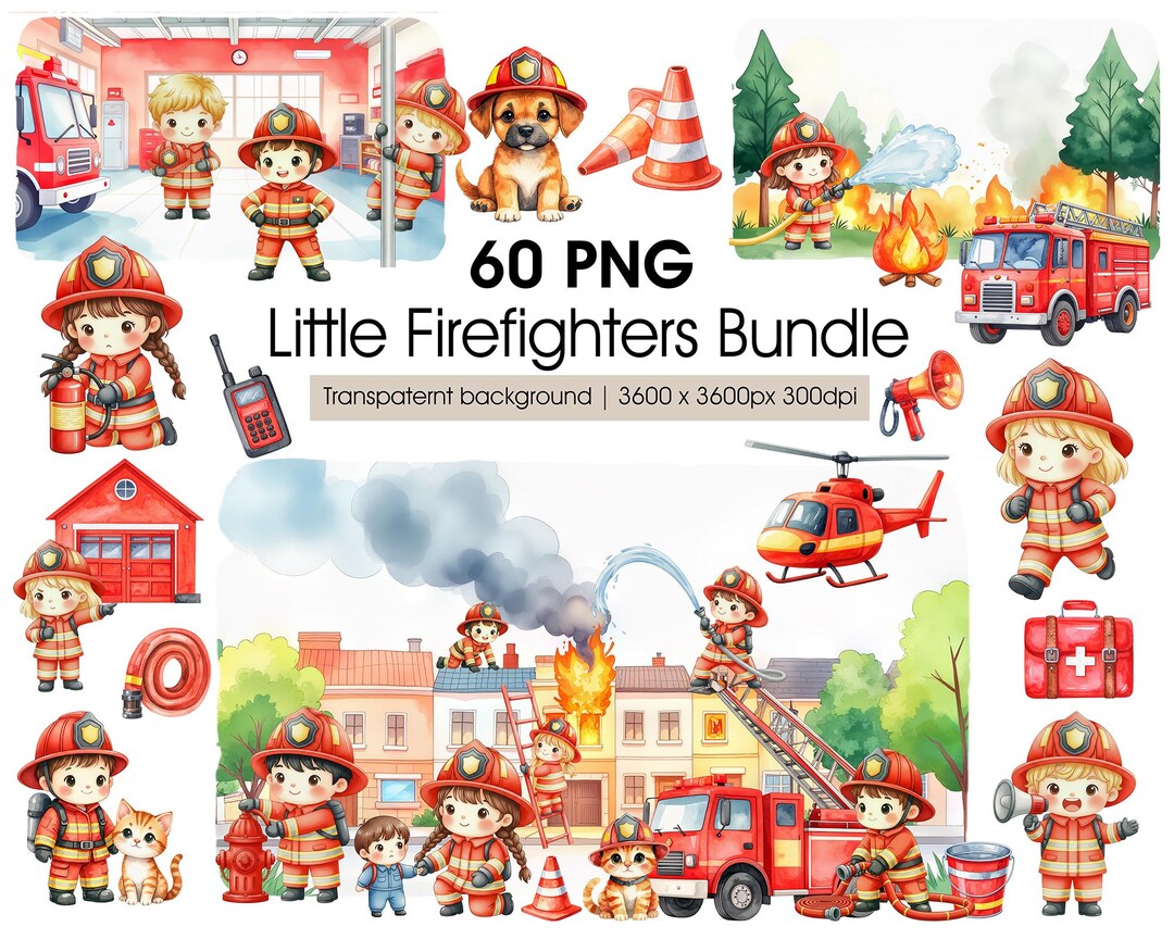 Little Firefighters Clipart Bundle – Fire Station, Trucks, Rescue Poses ...
