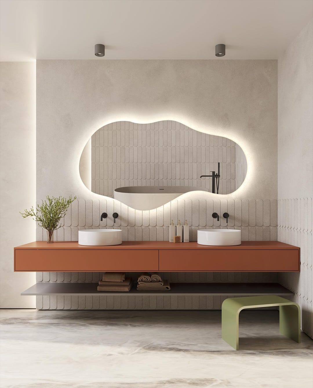 Large Wavy Irregular Backlit LED Mirror, Asymmetrical Frameless Wall ...