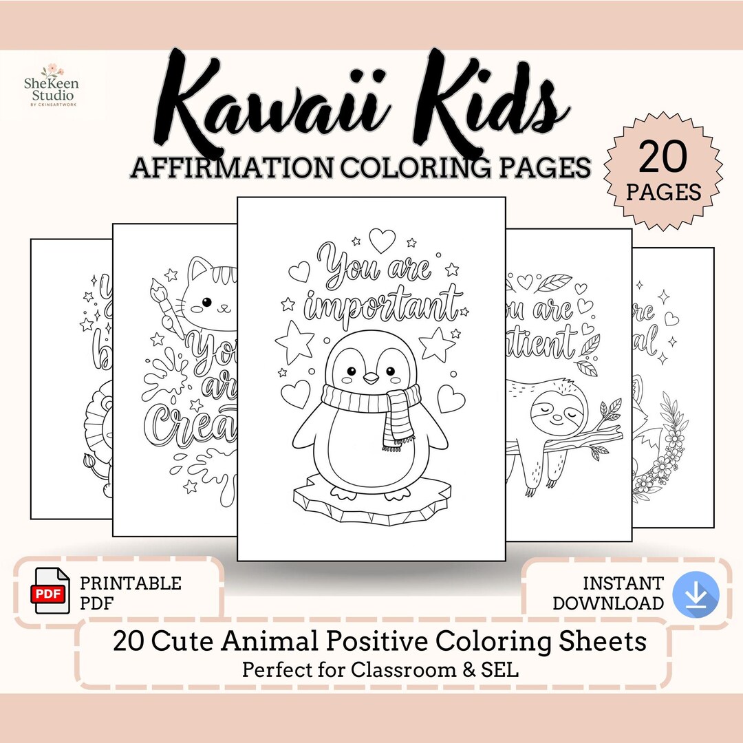 Kawaii Animal Affirmation Coloring Pages for Kids (PDF) - Etsy