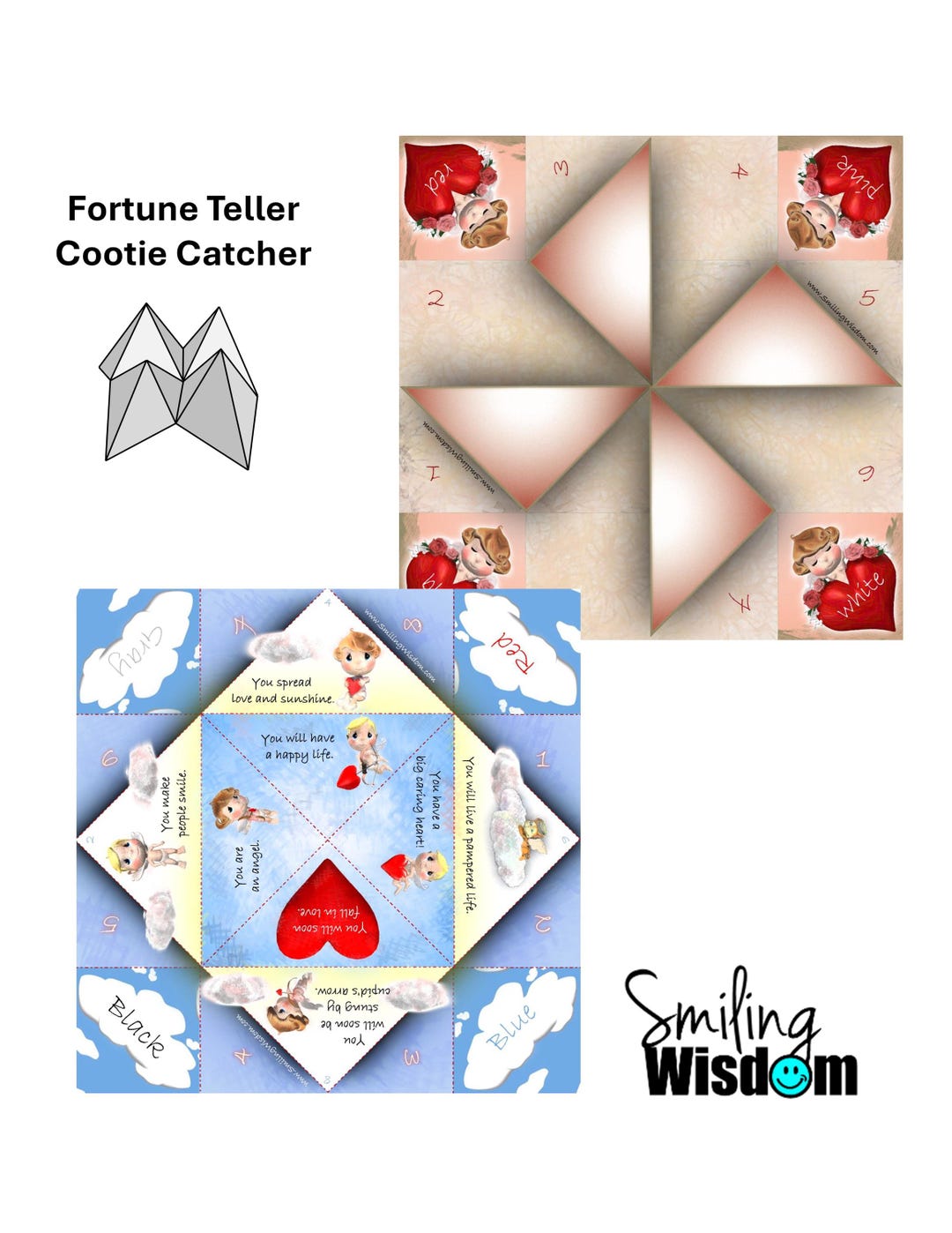 2 Printable Hearts Cootie Catcher Games | Wisdom, Possitivity + Blank ...