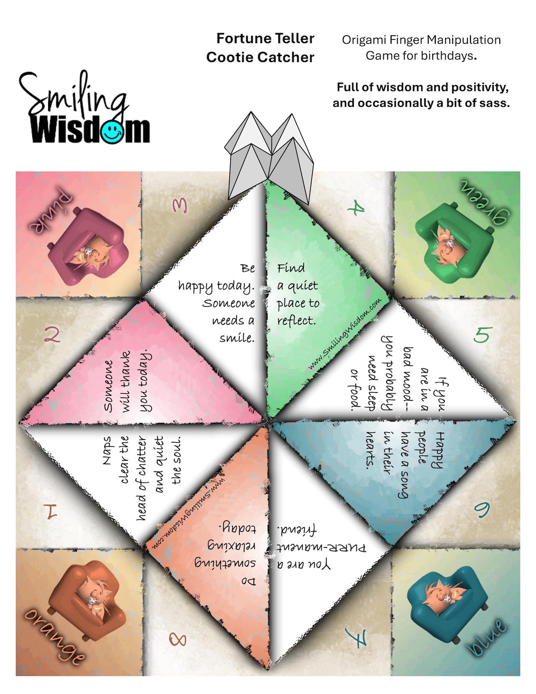 1 Printable Lazy Cat Cootie Catcher Game | Wisdom Positivity | Kids ...