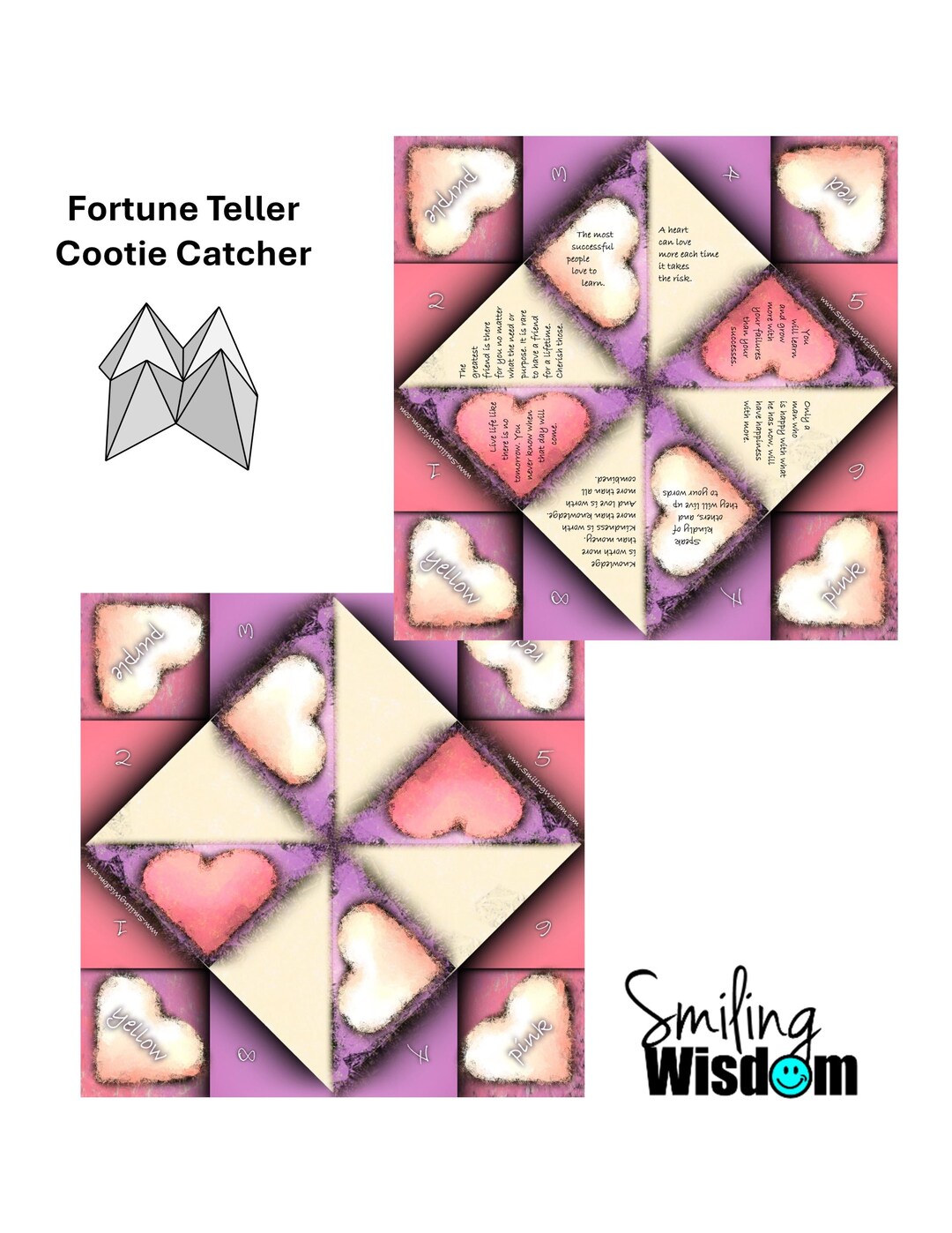 2 Printable Valentine Hearts Cootie Catcher Games | Wisdom, Possitivity ...