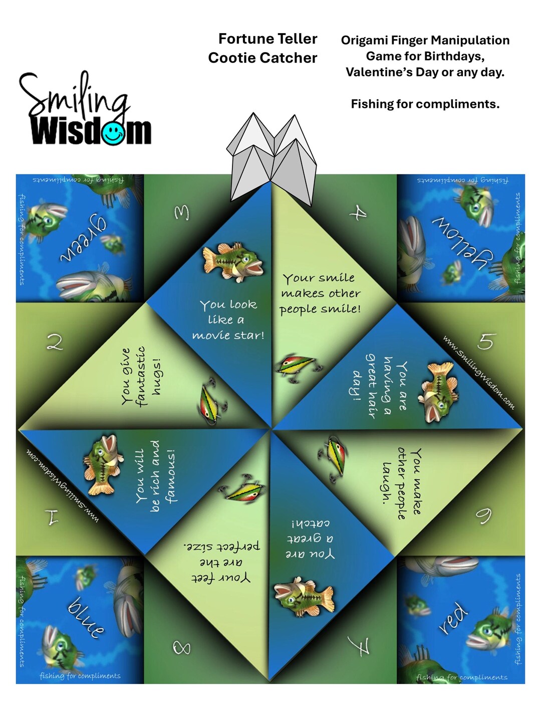 1 Printable Fishing for Compliments Cootie Catcher Fortune Teller Game ...