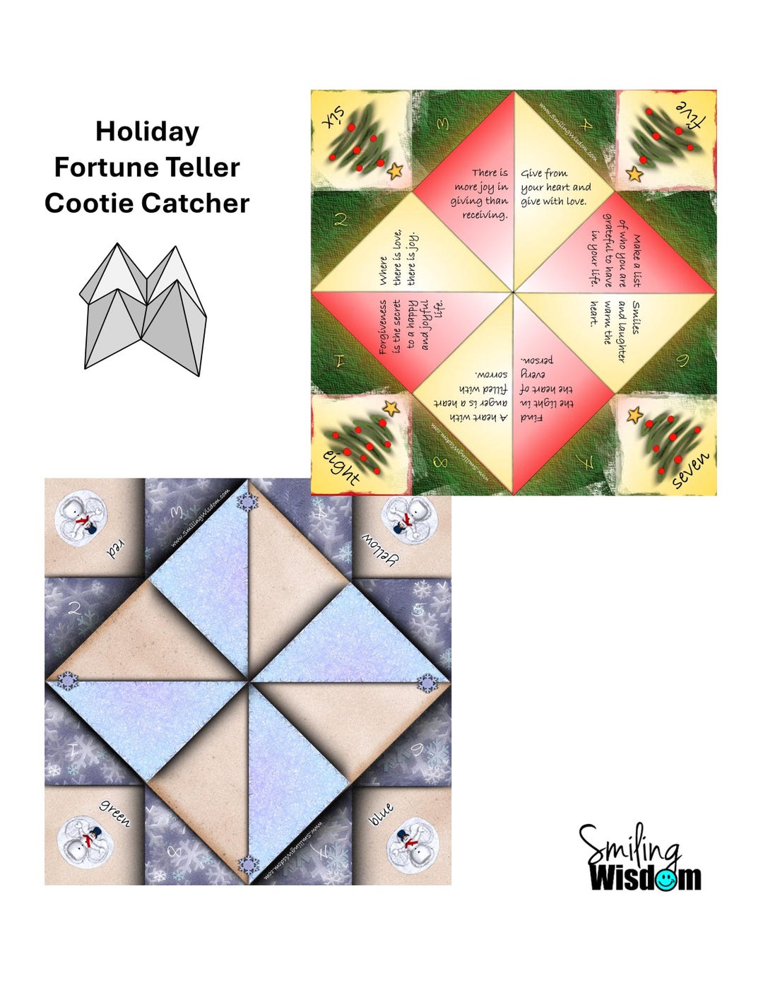 2 Printable Holiday Fortune Tellers Cootie Catcher Games | Wisdom ...