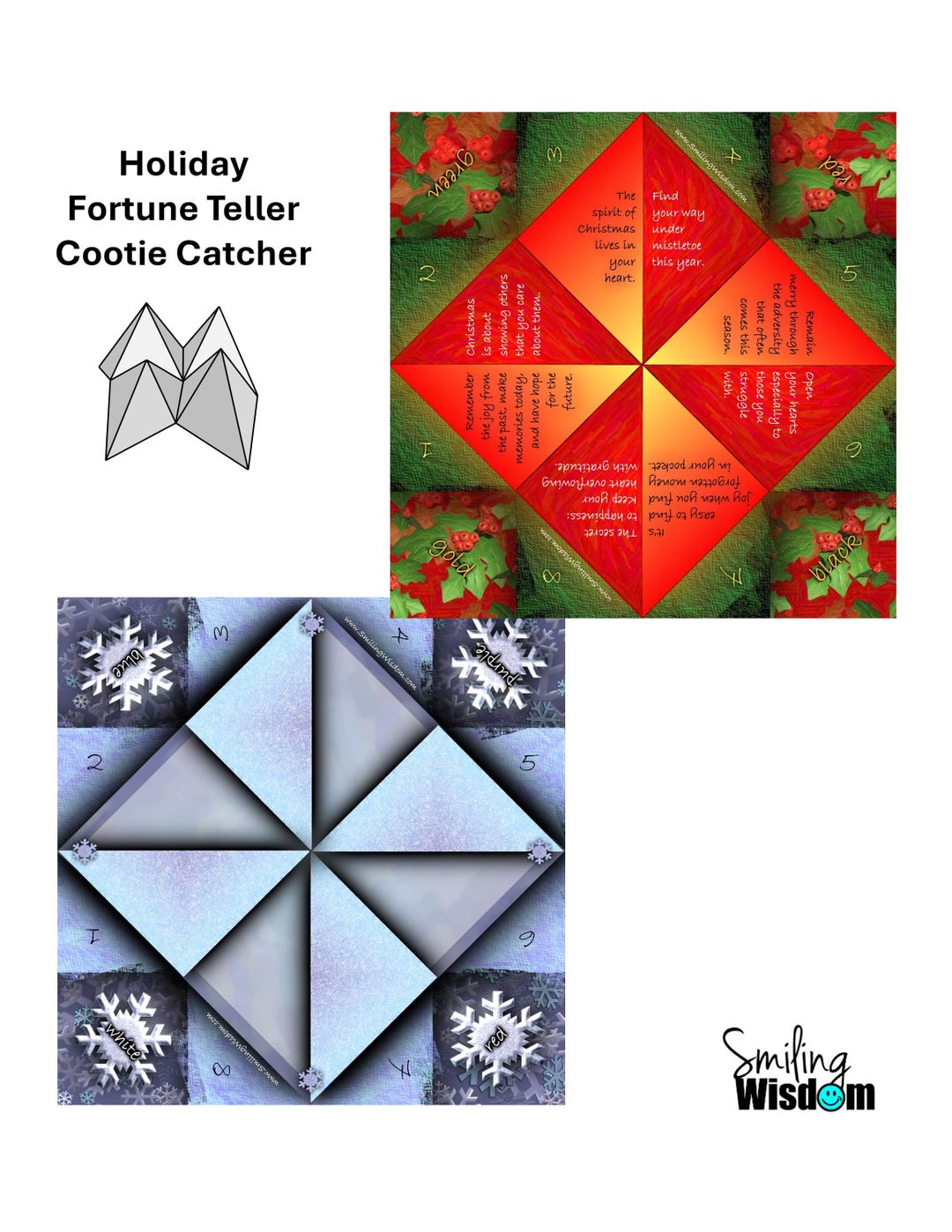 2 Printable Holiday Cootie Catcher Game | Wisdom, Possitivity + Blank ...
