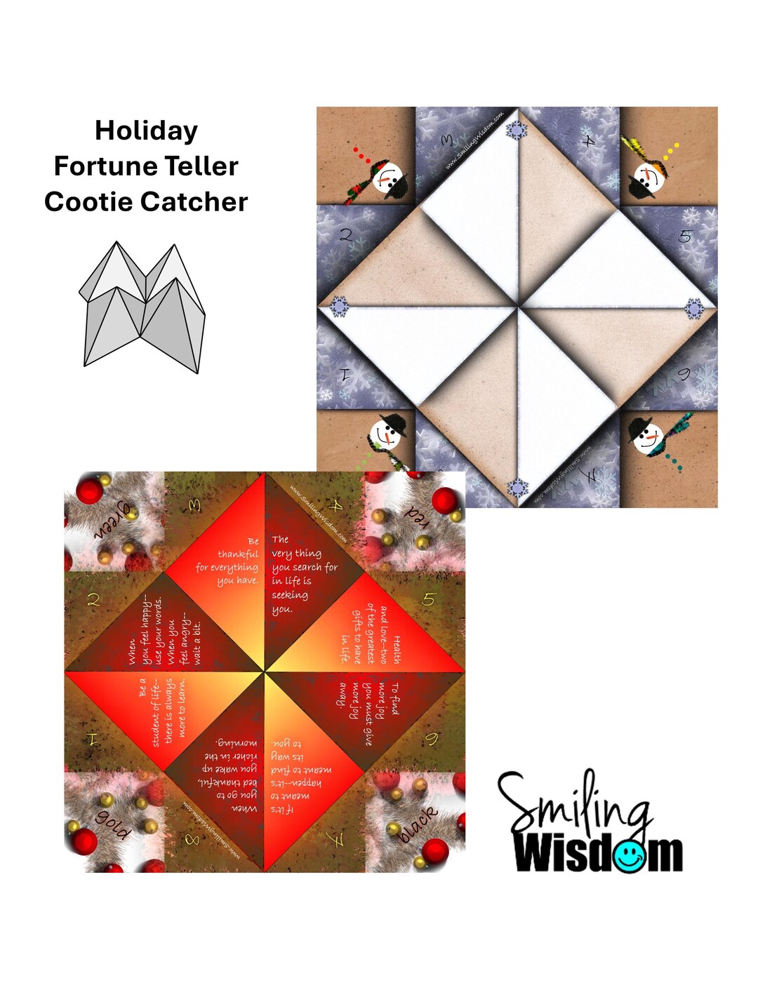 2 Printable Holiday Cootie Catcher Games | Wisdom, Possitivity + Blank ...