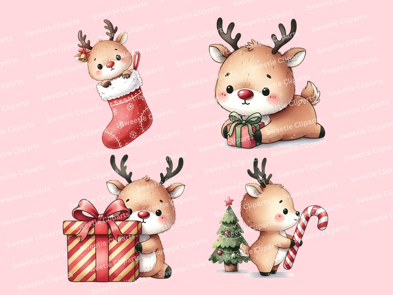 Christmas Reindeer Clipart, Cute Holiday PNG Set (digital Download) - Etsy