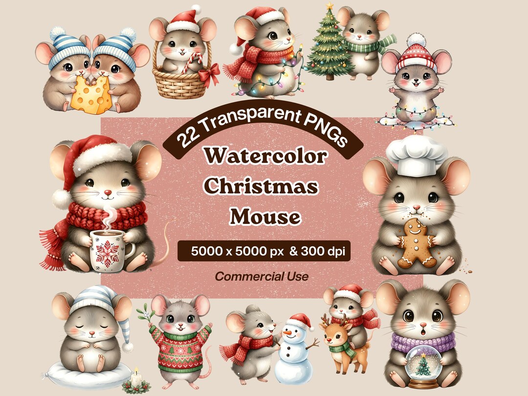 22 Watercolor Christmas Mouse PNG Clipart Bundle (digital Download) - Etsy