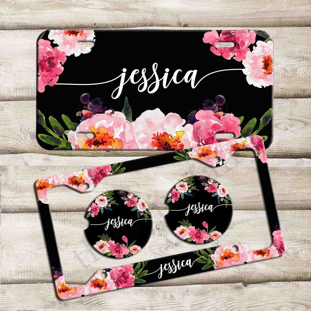 Black License Plate, Floral License Plate, Personalized Car Coaster ...