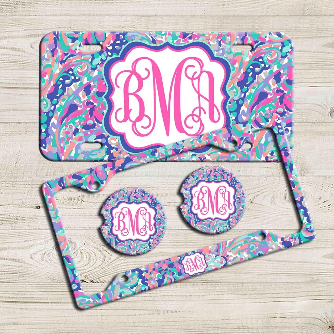 Pink Blue Paisley Vanity Plate, Custom Monogram License Plate Frame ...