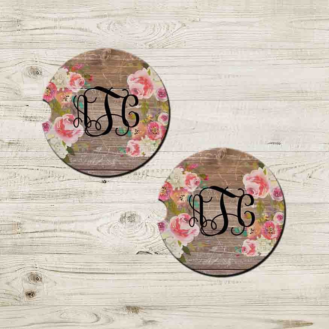 Floral Wood Monogram Car Coaster, Car Accessories for Her, Floral Auto ...